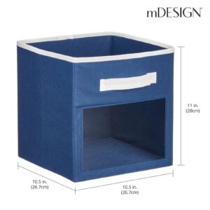 mDesign Fabric Nursery/Playroom Closet Storage Organizer Bin Box with Front Handle/Window for Cube Furniture Shelving Units, Hold Toys, Clothes, Diapers, Bibs, Jane Collection, 4 Pack, Navy Blue/White