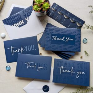 100 Thank You Cards with Envelopes and Stickers - 4 Unique Navy Blue Designs Bulk Blank Notes Luxury UV Printing for Business, Formal and All Occasions 4x6 Inch Blank Inside