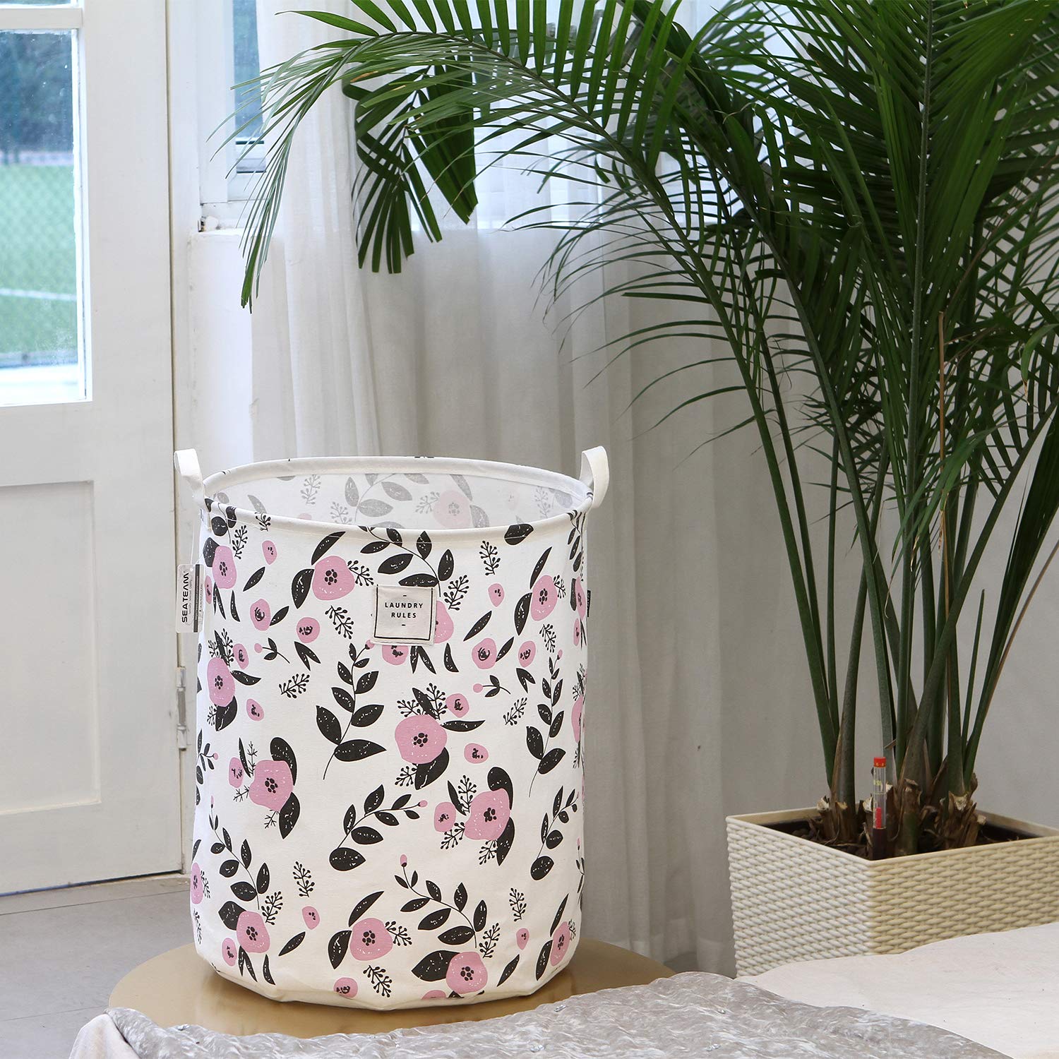 Sea Team 19.7" x 15.7" Large Sized Folding Cylindric Canvas Fabric Laundry Hamper Storage Basket with Floral Pattern, Pink & Black