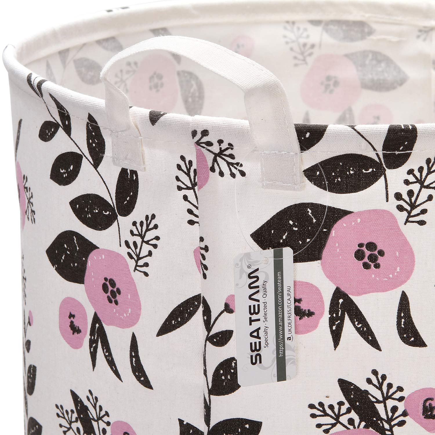 Sea Team 19.7" x 15.7" Large Sized Folding Cylindric Canvas Fabric Laundry Hamper Storage Basket with Floral Pattern, Pink & Black