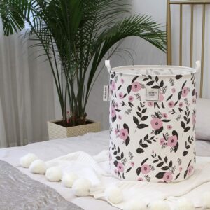 Sea Team 19.7" x 15.7" Large Sized Folding Cylindric Canvas Fabric Laundry Hamper Storage Basket with Floral Pattern, Pink & Black