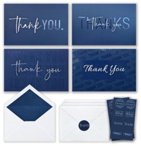 100 thank you cards with envelopes and stickers - 4 unique navy blue designs bulk blank notes luxury uv printing for business, formal and all occasions 4x6 inch blank inside