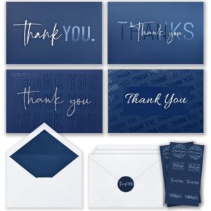 100 Thank You Cards with Envelopes and Stickers - 4 Unique Navy Blue Designs Bulk Blank Notes Luxury UV Printing for Business, Formal and All Occasions 4x6 Inch Blank Inside