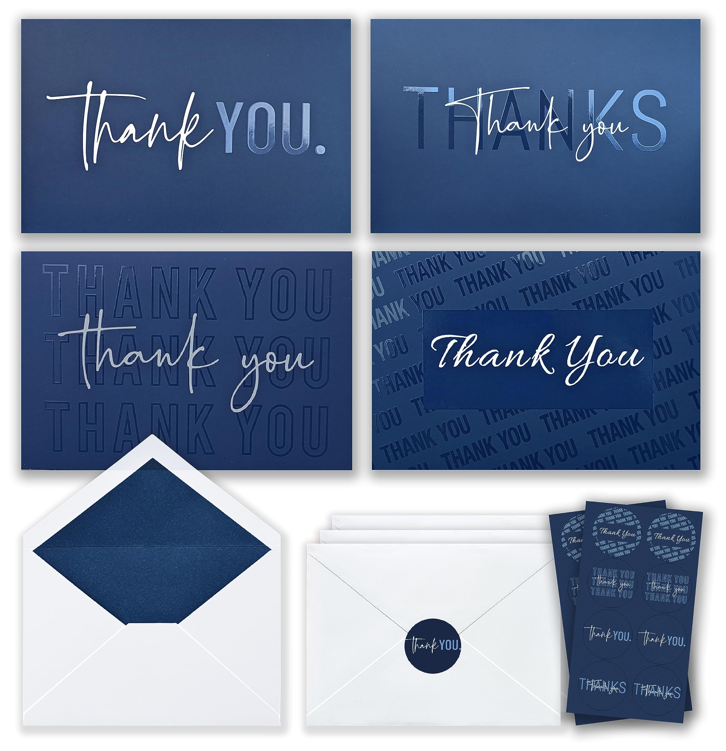 100 Thank You Cards with Envelopes and Stickers - 4 Unique Navy Blue Designs Bulk Blank Notes Luxury UV Printing for Business, Formal and All Occasions 4x6 Inch Blank Inside