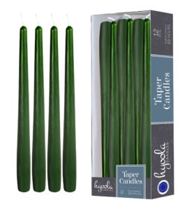 hyoola 12 pack tall taper candles - 12 inch hunter green dripless, unscented dinner candle - paraffin wax with cotton wicks - 10 hour burn time