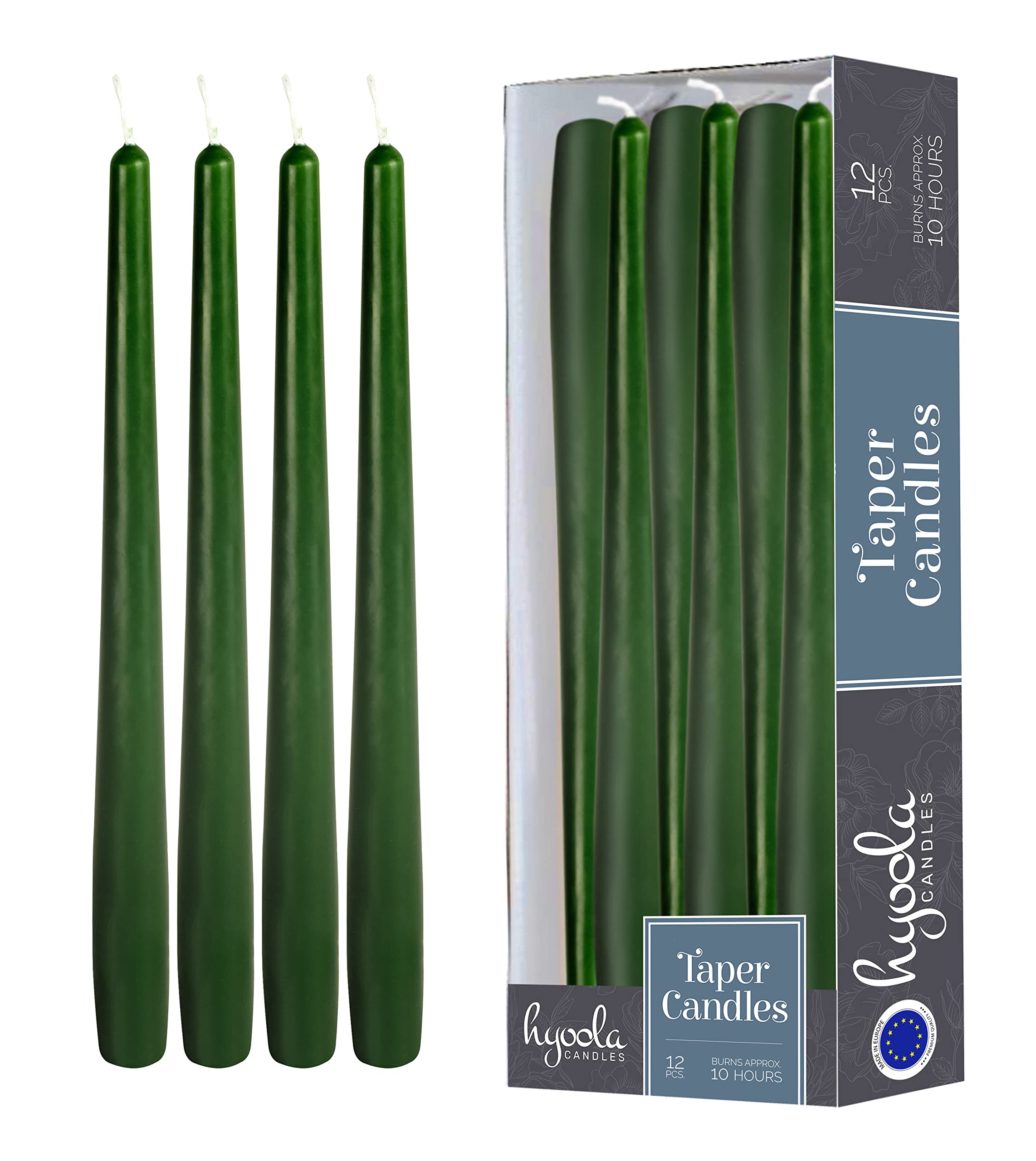 Hyoola 12 Pack Tall Taper Candles - 12 Inch Hunter Green Dripless, Unscented Dinner Candle - Paraffin Wax with Cotton Wicks - 10 Hour Burn Time