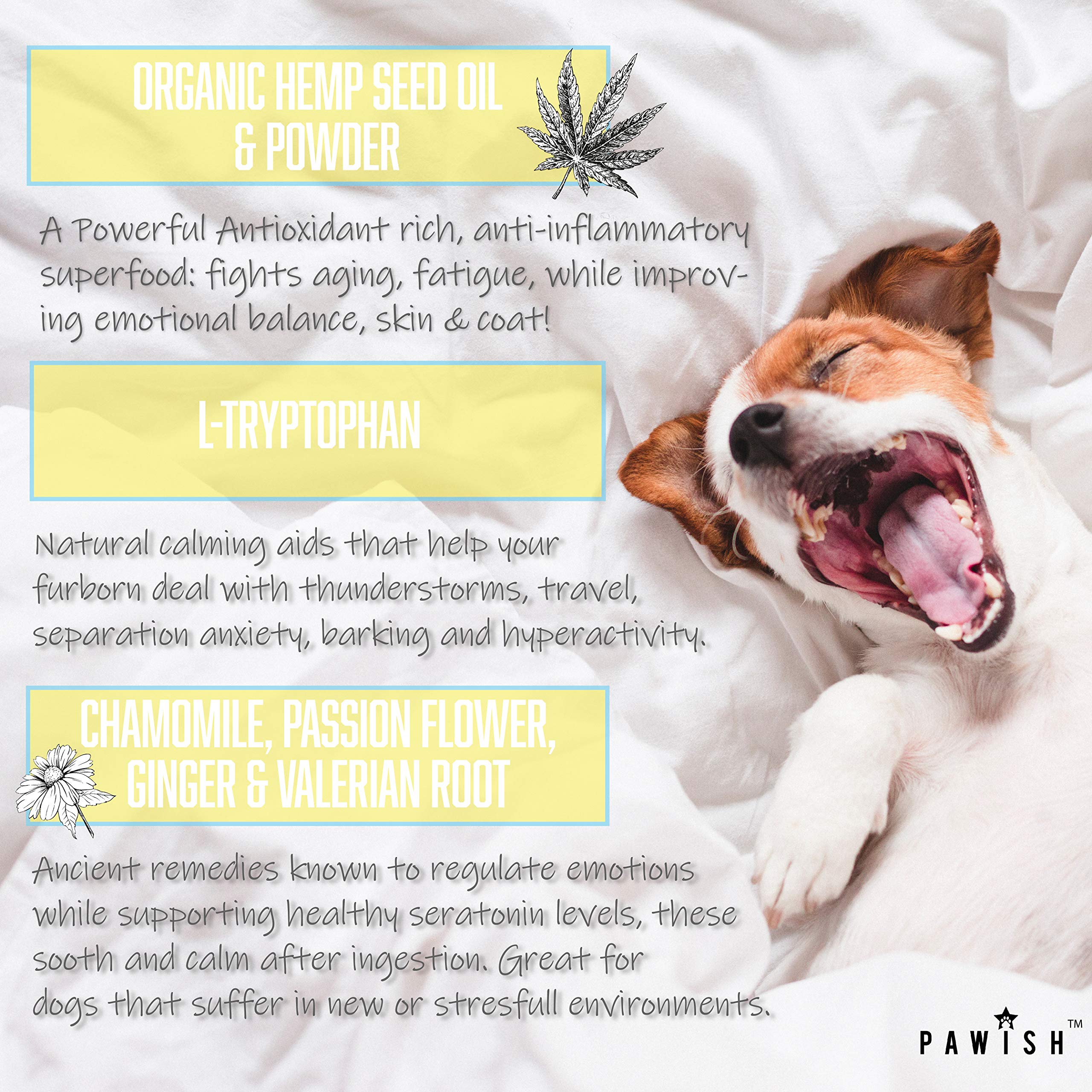 Calming Treats for Dogs with Organic Hemp Oil, Tryptophan, Chamomile, Passion Flower & Valerian - Stress & Anxiety Relief for Separation, Travel, Fireworks, Storms and Barking - 120 Soft Chews