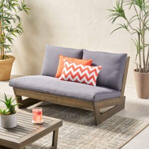 GDFStudio Outdoor Acacia Wood Loveseat with Cushions, Gray and Dark Gray