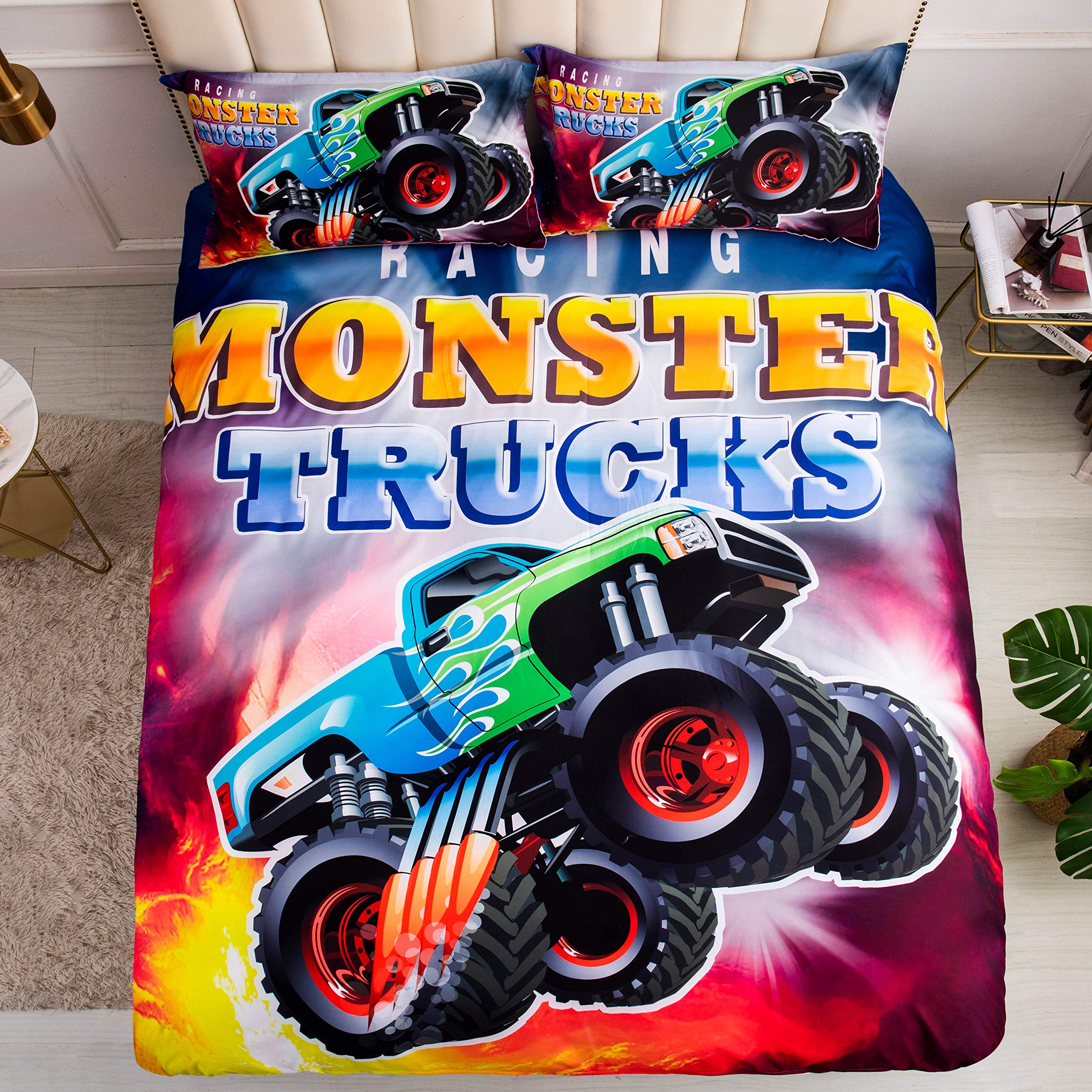 Suncloris,3D Racing Monster Truck Home Duvet Cover Bedding Set.Included: Duvet Cover,Pillowcase(no Comforter Inside) (Full)