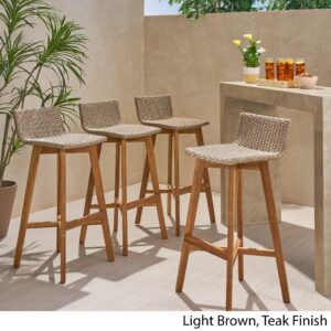 GDFStudio Outdoor Wood & Wicker Barstools (Set of 4), Light Brown and Teak