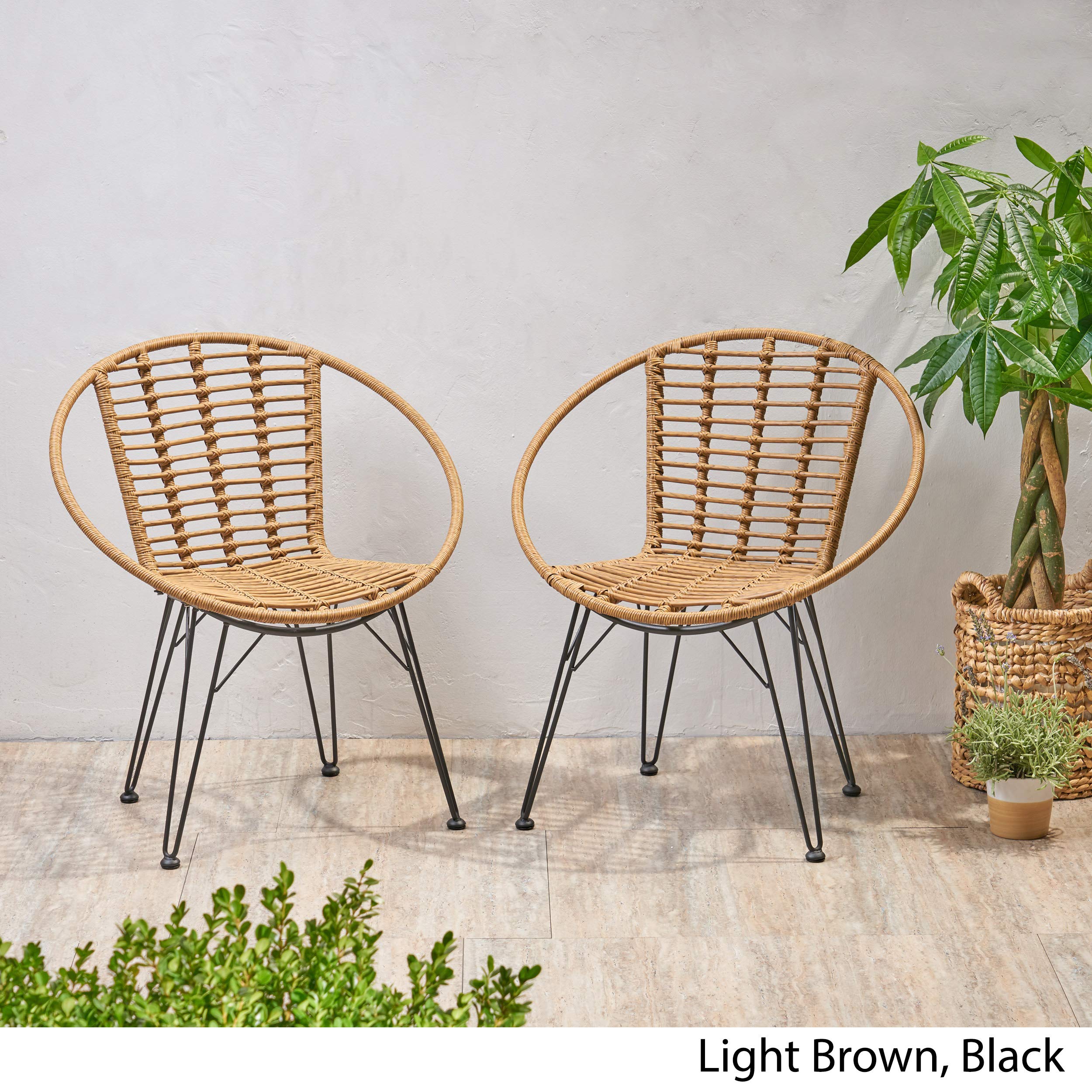 GDFStudio Outdoor Wicker Dining Chairs (Set of 2), Light Brown and Black