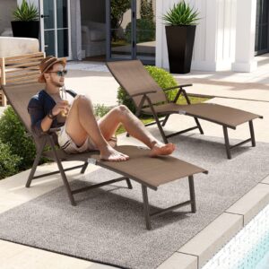 Crestlive Products Chaise Lounge Chair Outdoor Set of 2, Aluminum Folding Patio Recliner Chair, Adjustable 8 Positions Assemble-Free Perfect for Beach, Yard, Pool, Deck (Brown)