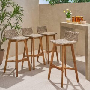 GDFStudio Outdoor Wood & Wicker Barstools (Set of 4), Light Brown and Teak