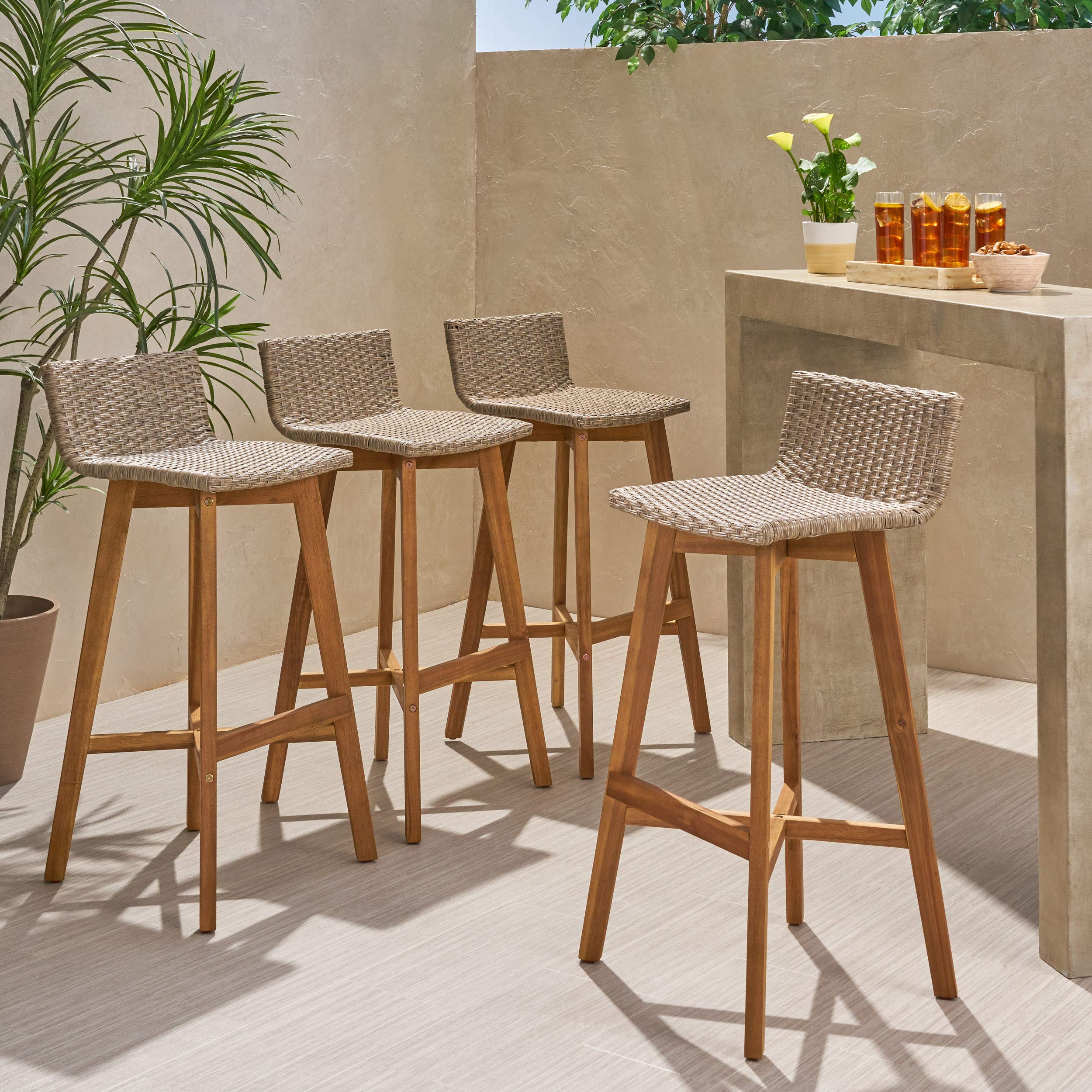 GDFStudio Outdoor Wood & Wicker Barstools (Set of 4), Light Brown and Teak