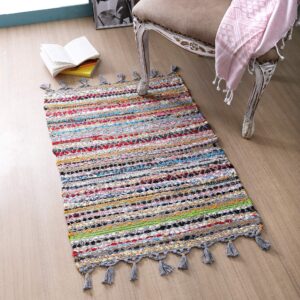 100% cotton rag rug 2x3' washable multicolor chindi rug - hand woven & reversible for living room kitchen entryway rug -multi color, farmhouse rug.