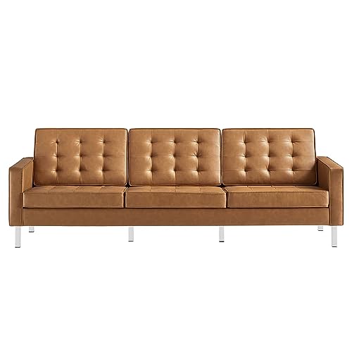 Modway Loft Tufted Button Faux Leather Upholstered Sofa in Silver Tan