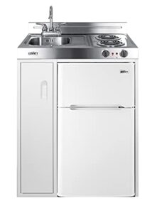 summit c30elglass 30 kitchenette with 2 element cooktop refrigerator with freezer sink and faucet in white