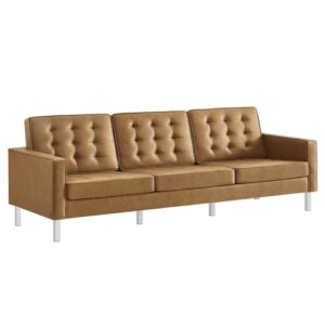 modway loft tufted button faux leather upholstered sofa in silver tan