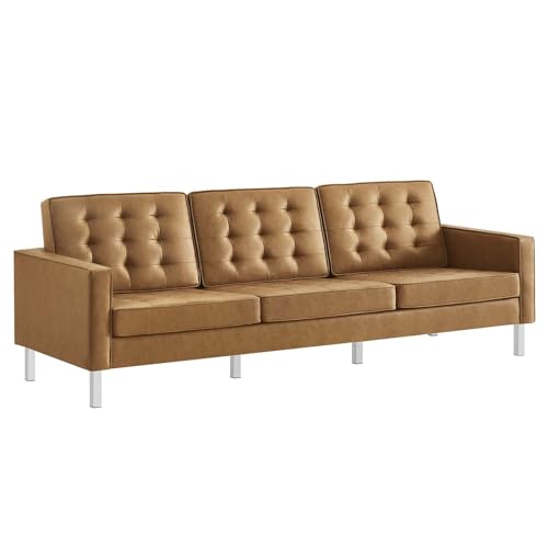 Modway Loft Tufted Button Faux Leather Upholstered Sofa in Silver Tan