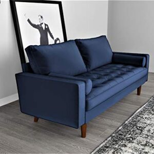 US Pride Furniture Mid Century Modern Velvet Living Room Furniture with Bolster Pillows, Button Tufted Seats, Track Arms and Solid Wood Legs, Sofa, Blue