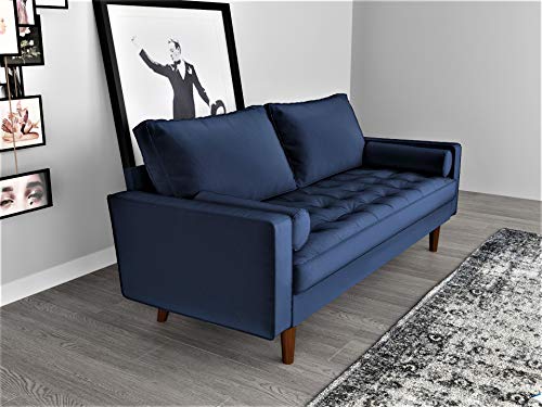 US Pride Furniture Mid Century Modern Velvet Living Room Furniture with Bolster Pillows, Button Tufted Seats, Track Arms and Solid Wood Legs, Sofa, Blue