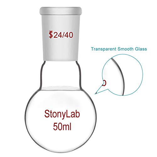 StonyLab Glass 50ml Short Neck Round Bottom Flask, Borosilicate Glass Single Neck Heavy Wall Flask RBF with 24/40 Standard Taper Outer Joint - 50ml