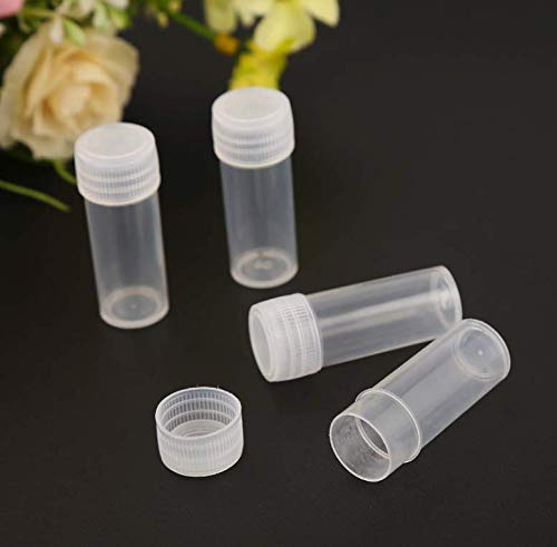 LASSUM 50 Pcs Plastic Sample Bottles Mini Clear Storage Case with Lid, 5ML Small Bottle Vial Storage