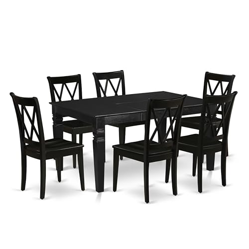 East West Furniture WECL7-BLK-W 7 Piece Kitchen Table & Chairs Set Consist of a Rectangle Dining Room Table with Butterfly Leaf and 6 Dining Chairs, 42x60 Inch, Black