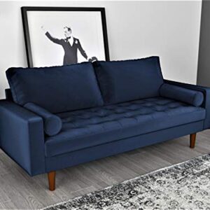 US Pride Furniture Mid Century Modern Velvet Living Room Furniture with Bolster Pillows, Button Tufted Seats, Track Arms and Solid Wood Legs, Sofa, Blue