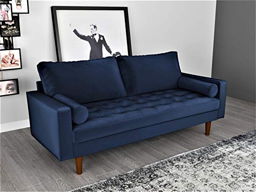 US Pride Furniture Mid Century Modern Velvet Living Room Furniture with Bolster Pillows, Button Tufted Seats, Track Arms and Solid Wood Legs, Sofa, Blue