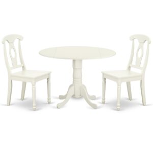 east west furniture dlke3-lwh-w 3 piece dining room table set contains a round kitchen table with dropleaf and 2 dining chairs, 42x42 inch, linen white