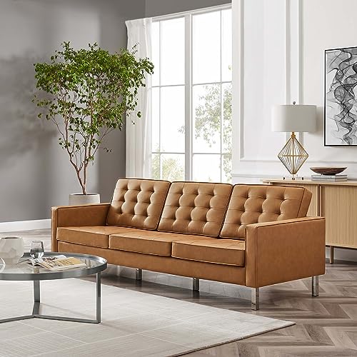 Modway Loft Tufted Button Faux Leather Upholstered Sofa in Silver Tan