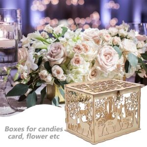 Amosfun Wooden Vinatge Wedding Card Box DIY Rustic Hollow Wedding Box with Lock Key and Rubber Card Box for Party Wedding Decorations for Reception(1 Key 12 Rubber Rings, Large Size)