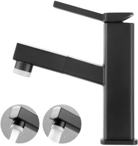 kaiying pull down bathroom sink faucet, modern lavatory vessel sink faucet, utility single hole bathroom sink faucet with pull out sprayer, commercial basin mixer tap (regular, black)