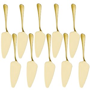 ymeibe stainless steel cake server pack of 10 pie holder transfer triangular spade spatula serrated edge for pizza cake baking safe in dishwasher (gold)