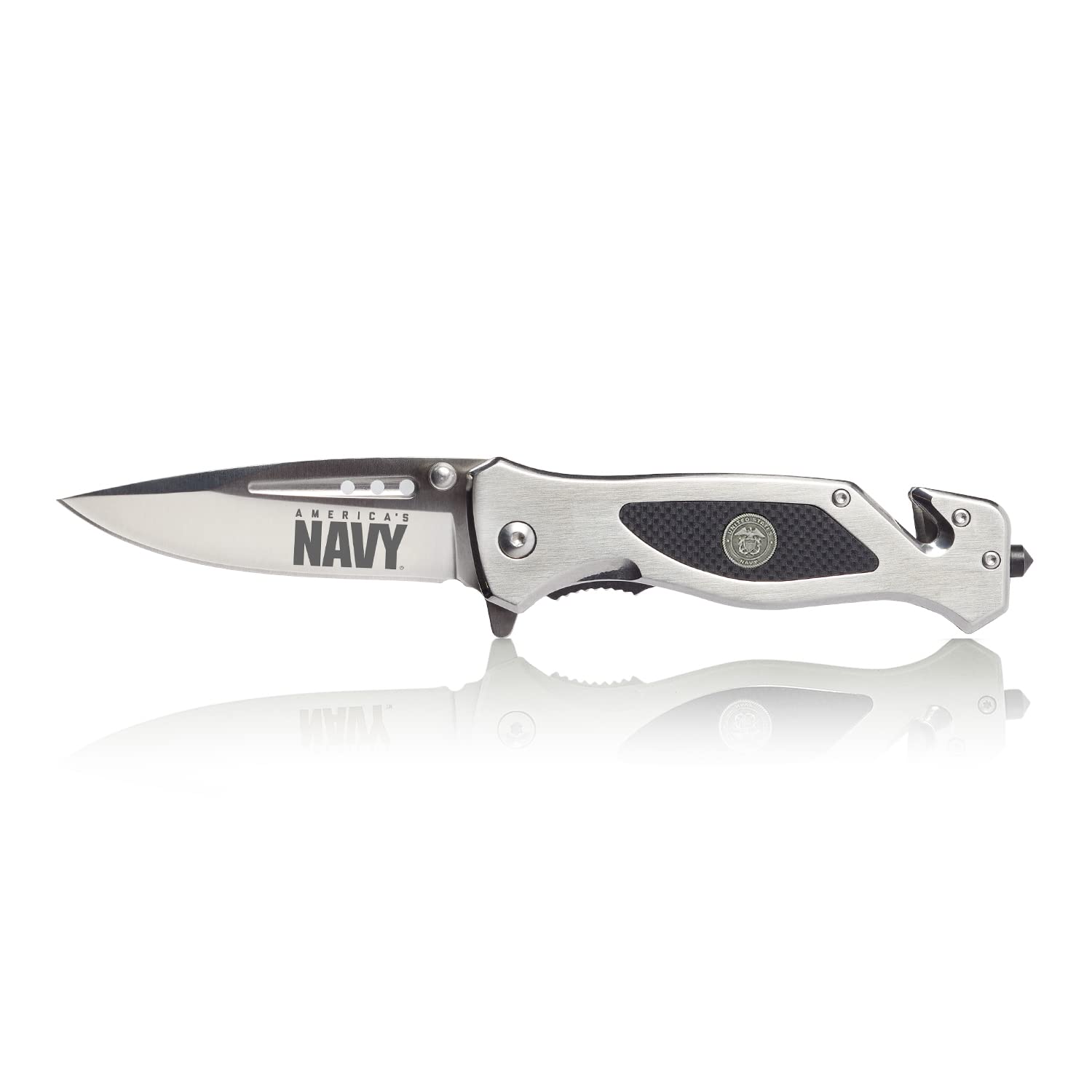 Military Gift Shop Navy Folding Elite Tactical Knife - Navy Rescue Knife (NAVY) |Disabled Veteran Owned Business | Navy Knife Silver