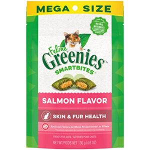 feline greenies smartbites skin & fur health crunchy and soft natural cat treats, salmon flavor, 4.6 oz. pack