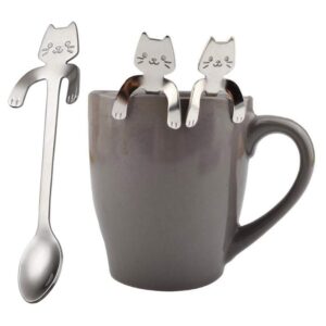 ekqw015l 1 piece cute cat spoon long handle spoons flatware drinking tools kitchen gadget |baby stainless steel dessert cake coffee spoon cutlery– teaspoons,coffee spoons soup spoons silver