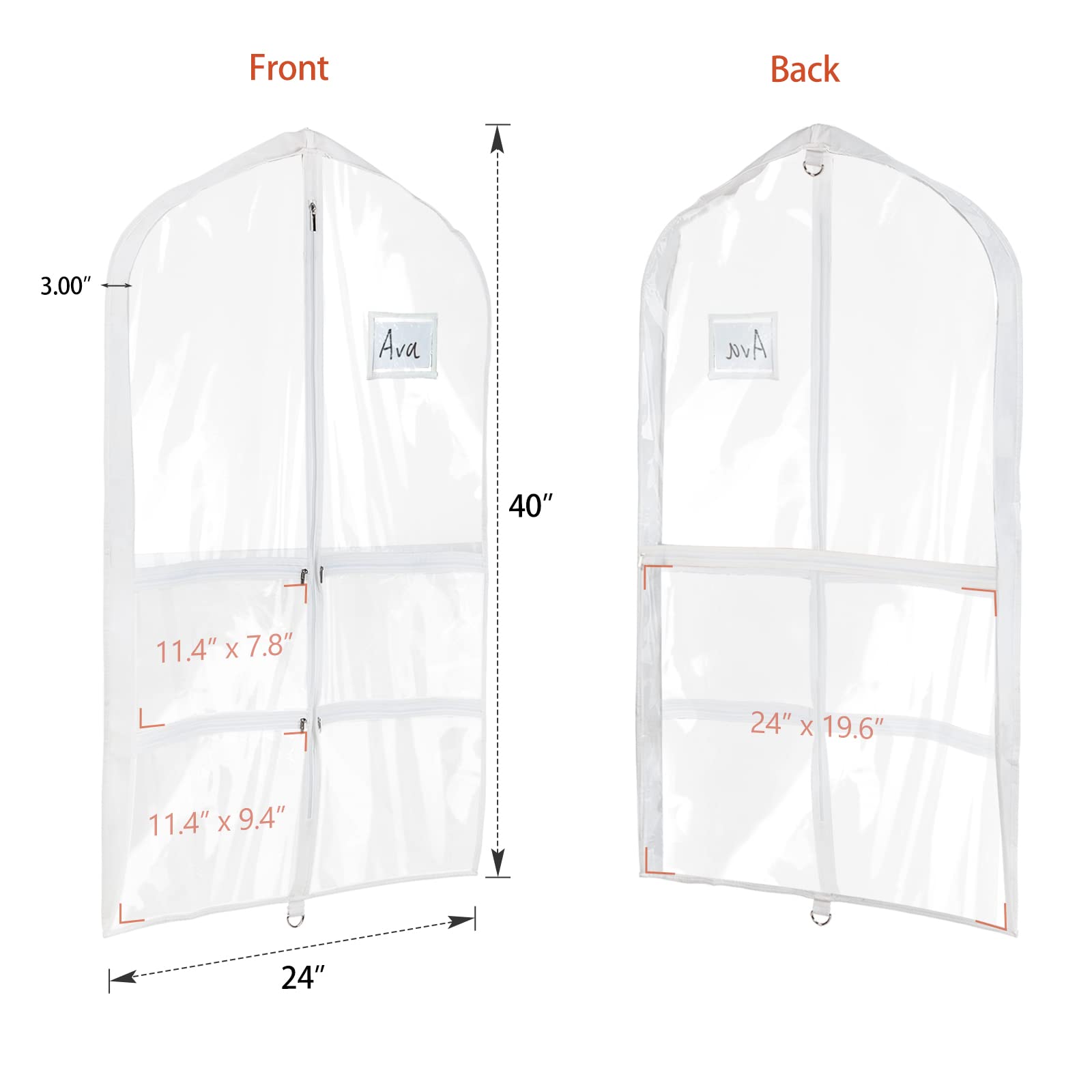 Univivi Clear PVC Dance Costume Bags (3 Pack) Garment Bag 40 Inch for Dance Competitions, with 4 Medium Clear Zipper Pockets and 1 Large Back Zippered Pocket [Upgraded Version]