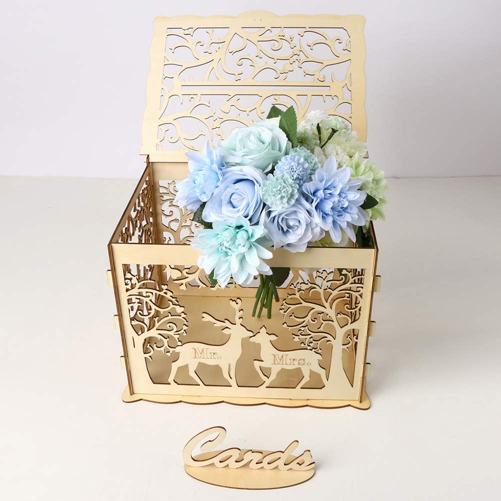 Amosfun Wooden Vinatge Wedding Card Box DIY Rustic Hollow Wedding Box with Lock Key and Rubber Card Box for Party Wedding Decorations for Reception(1 Key 12 Rubber Rings, Large Size)