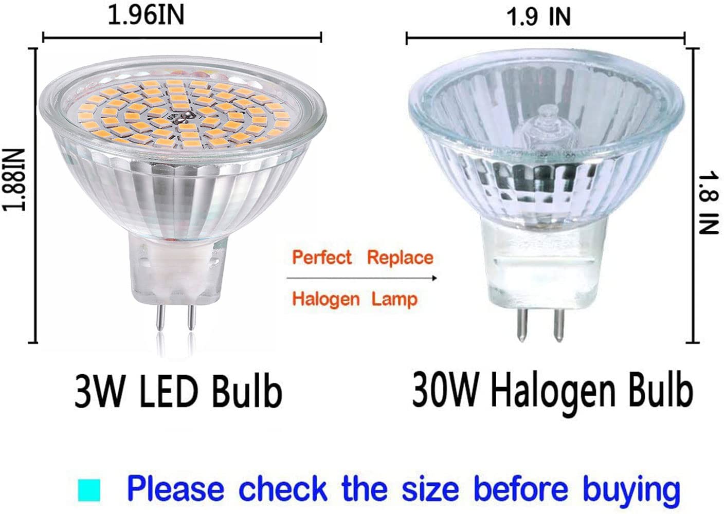 MR16 LED Light Bulbs(4 Pack)-380lm 60LEDs 2835 SMD 3W AC/DC 12V 3000K Warm White,30W Halogen Bulb Equivalent,GU5.3 Bi-Pin Base,Not Dimmable, for Landscape,Recessed Spotlight,Track Lightin