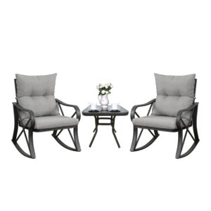 cosiest 3 piece bistro set patio rocking chairs outdoor furniture w warm gray cushions, glass-top table for garden, pool, backyard