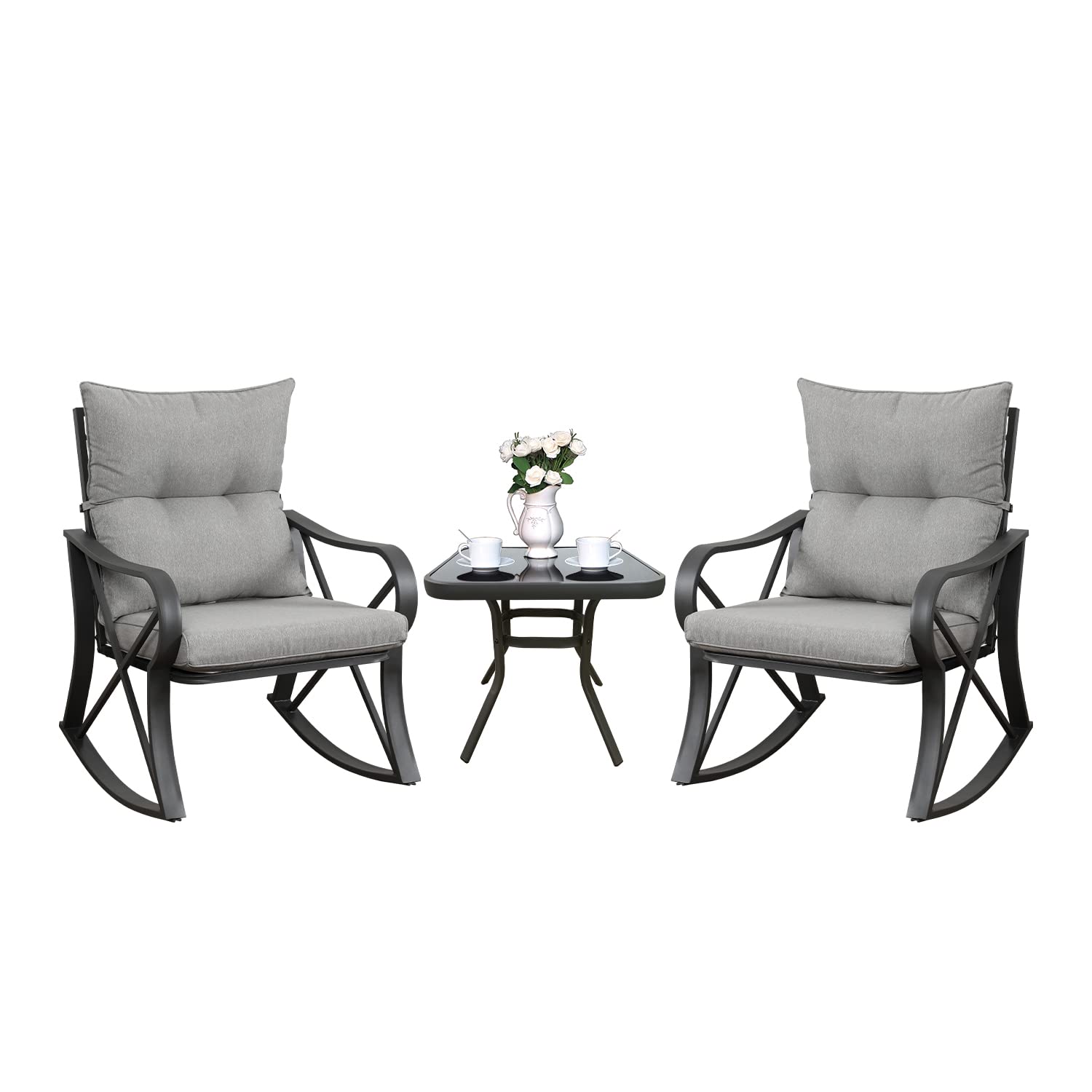 COSIEST 3 Piece Bistro Set Patio Rocking Chairs Outdoor Furniture w Warm Gray Cushions, Glass-Top Table for Garden, Pool, Backyard