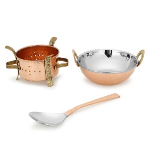 Zap Impex Indian 3 Pieces Serving Set Copper Karahi, Angithi and Serving Spoon Stainless steel set for 1 Person