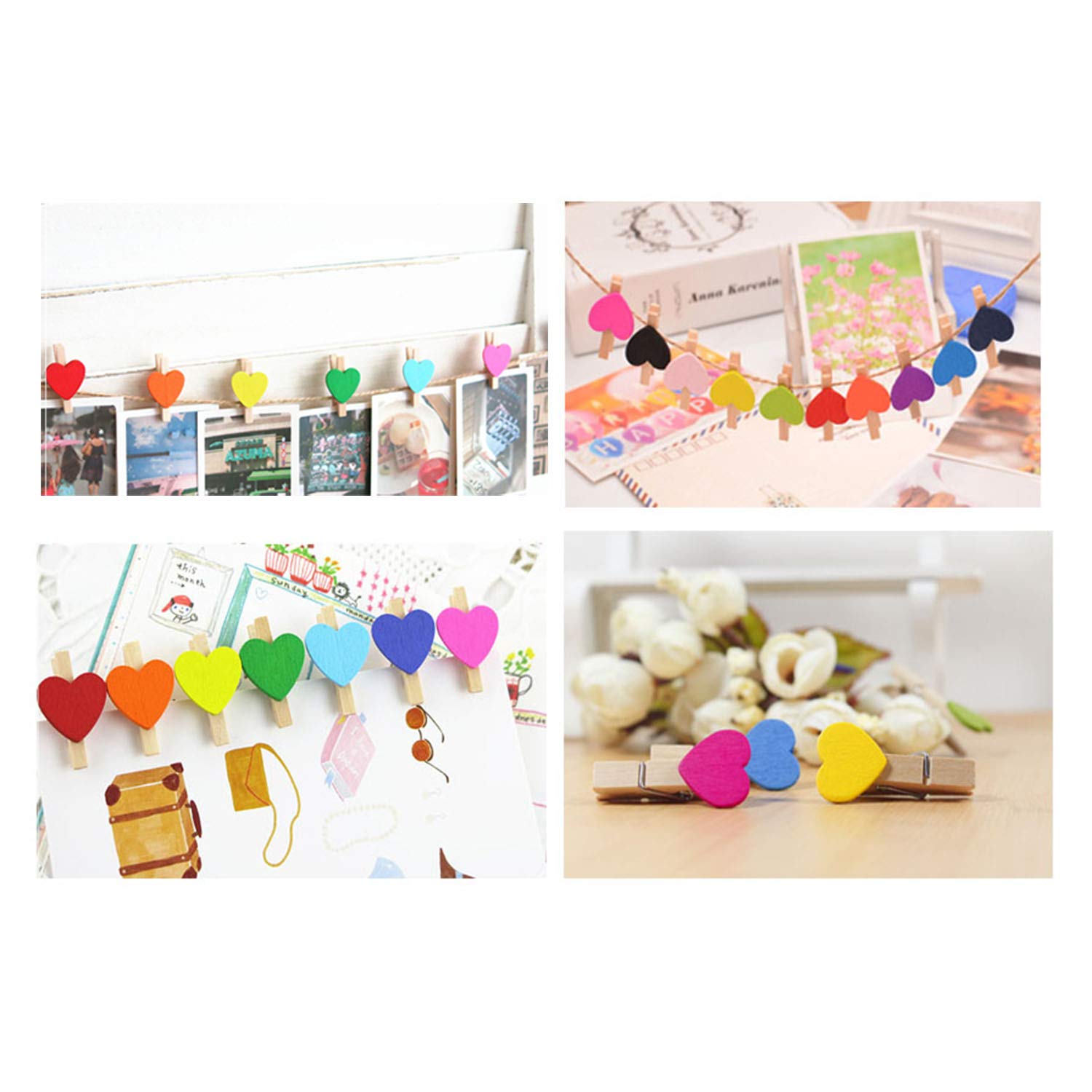 RuiLing Photo Craft Decoration Clips Set - 50pcs Colorful Mini Heart Love Wooden Clothespin + 10pcs Thumbtack + 1 Roll Hemp Rope