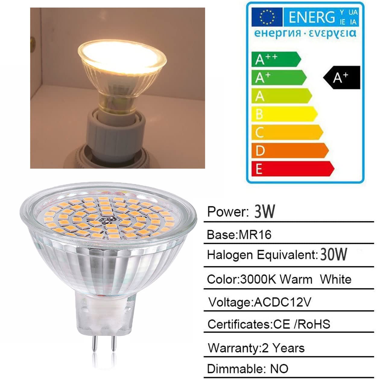 MR16 LED Light Bulbs(4 Pack)-380lm 60LEDs 2835 SMD 3W AC/DC 12V 3000K Warm White,30W Halogen Bulb Equivalent,GU5.3 Bi-Pin Base,Not Dimmable, for Landscape,Recessed Spotlight,Track Lightin