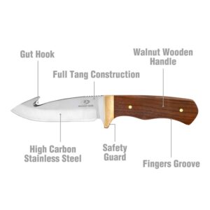 Mossy Oak Fixed Blade Gut Hook Knife, 9.5-inch Full Tang Field Processing Knife - Wooden Handle, Leather Sheath Included, for Skinning, Hunting, Outdoors