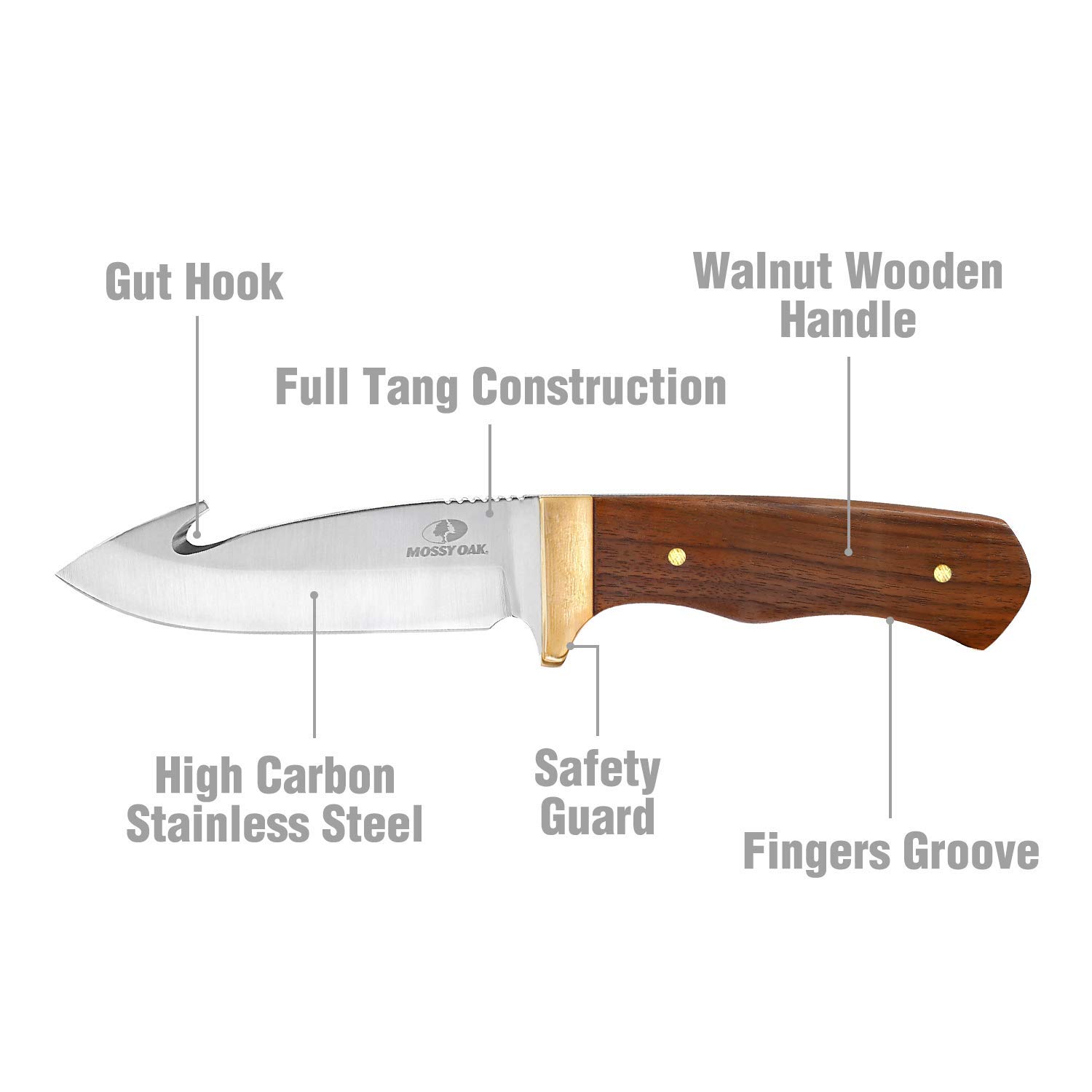 Mossy Oak Fixed Blade Gut Hook Knife, 9.5-inch Full Tang Field Processing Knife - Wooden Handle, Leather Sheath Included, for Skinning, Hunting, Outdoors