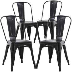 metal dining chairs set of 4 outdoor indoor restaurant cafe tolix bistro kitchen farmhouse chairs with back, stackable industrial metal chairs hold up to 330lbs, black