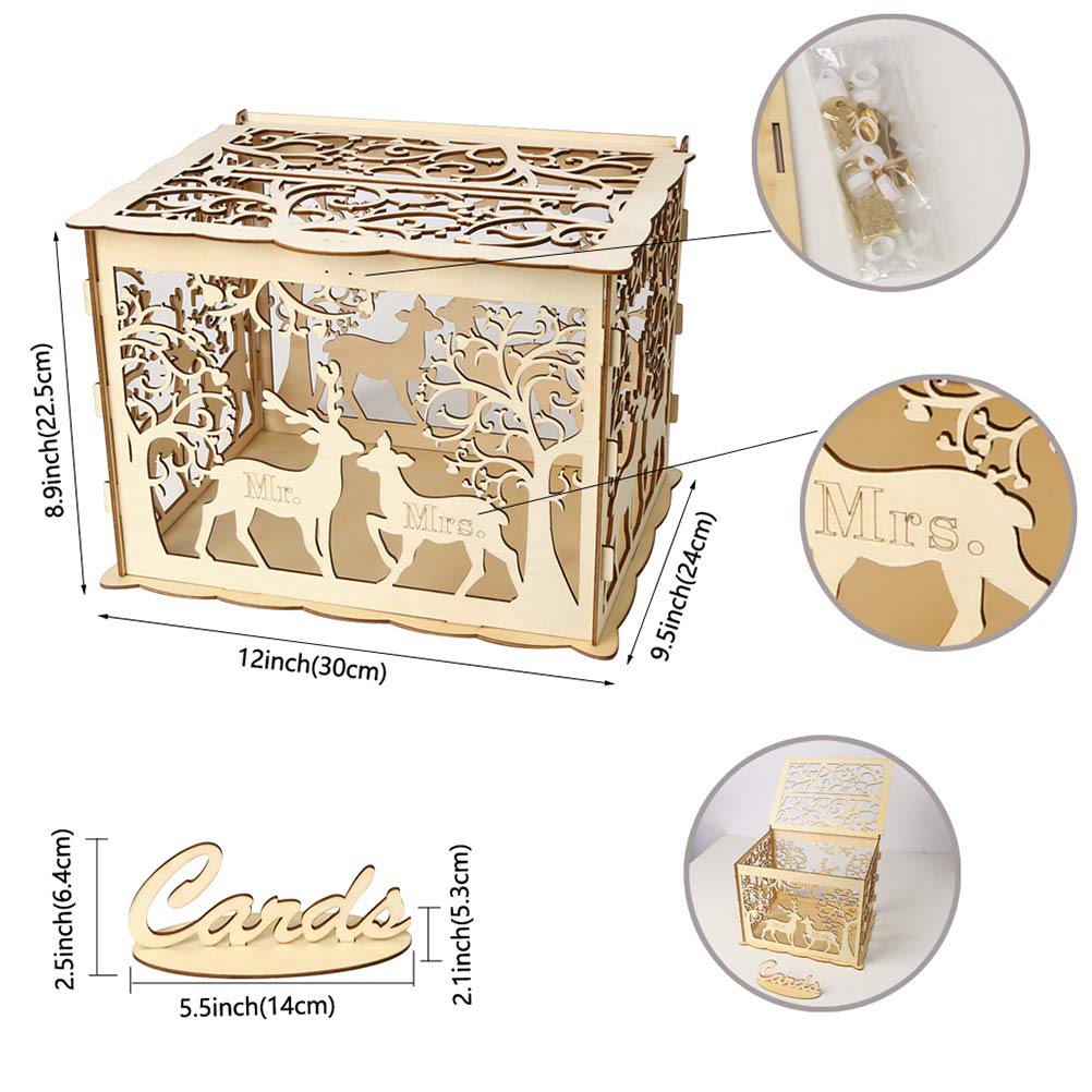 Amosfun Wooden Vinatge Wedding Card Box DIY Rustic Hollow Wedding Box with Lock Key and Rubber Card Box for Party Wedding Decorations for Reception(1 Key 12 Rubber Rings, Large Size)